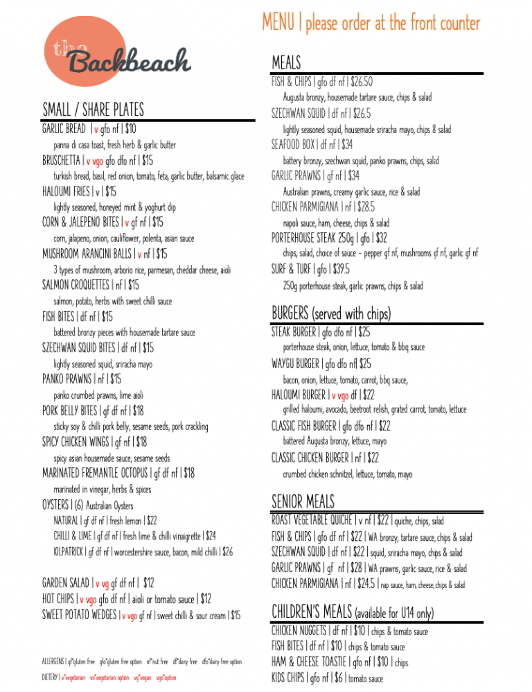 Our Menus – The Backbeach Cafe & Restaurant