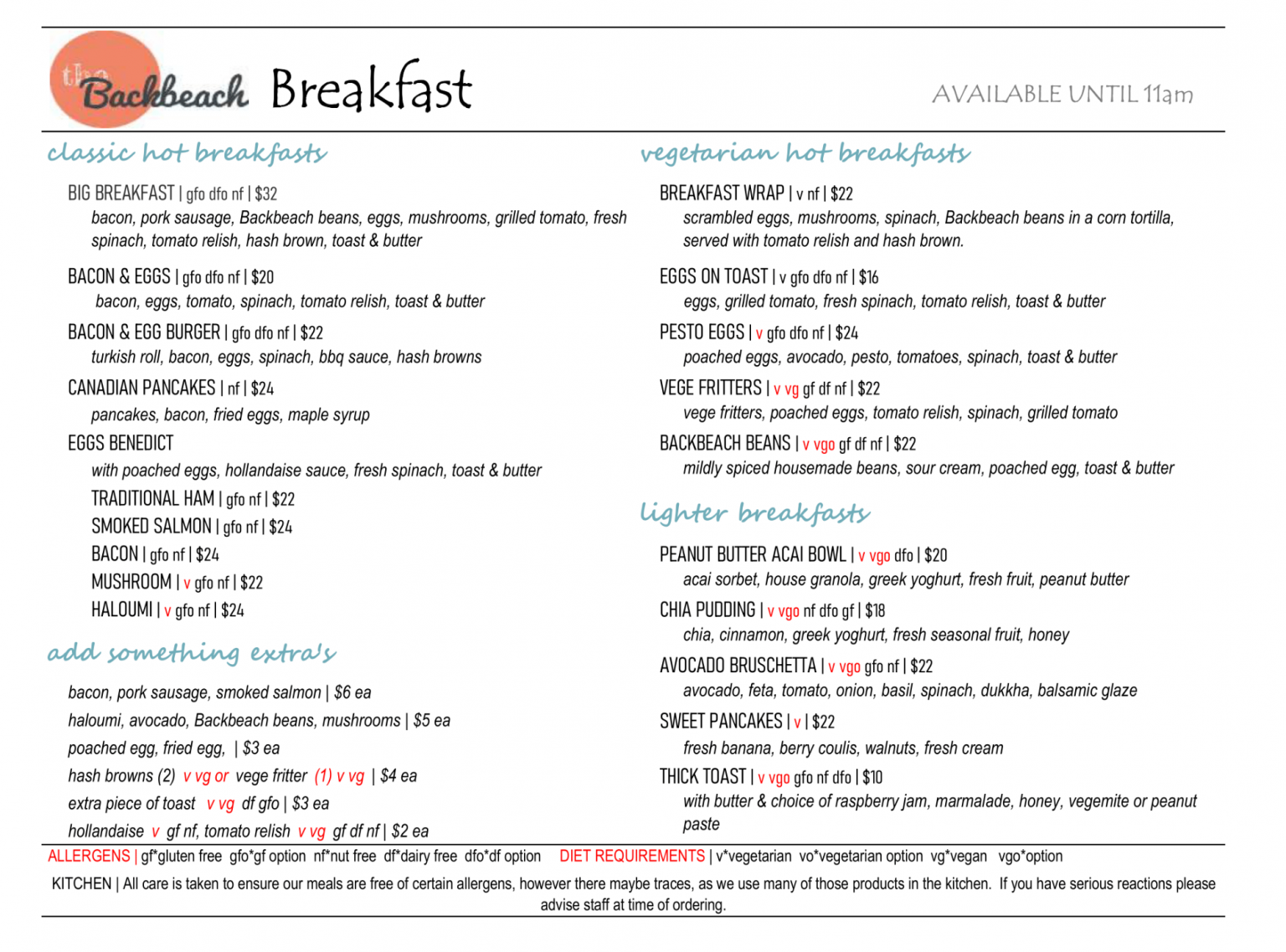 Backbeach Cafe & Restaurant Menus