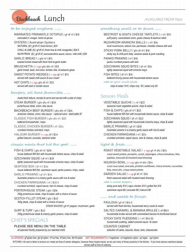 Backbeach Cafe & Restaurant Menus